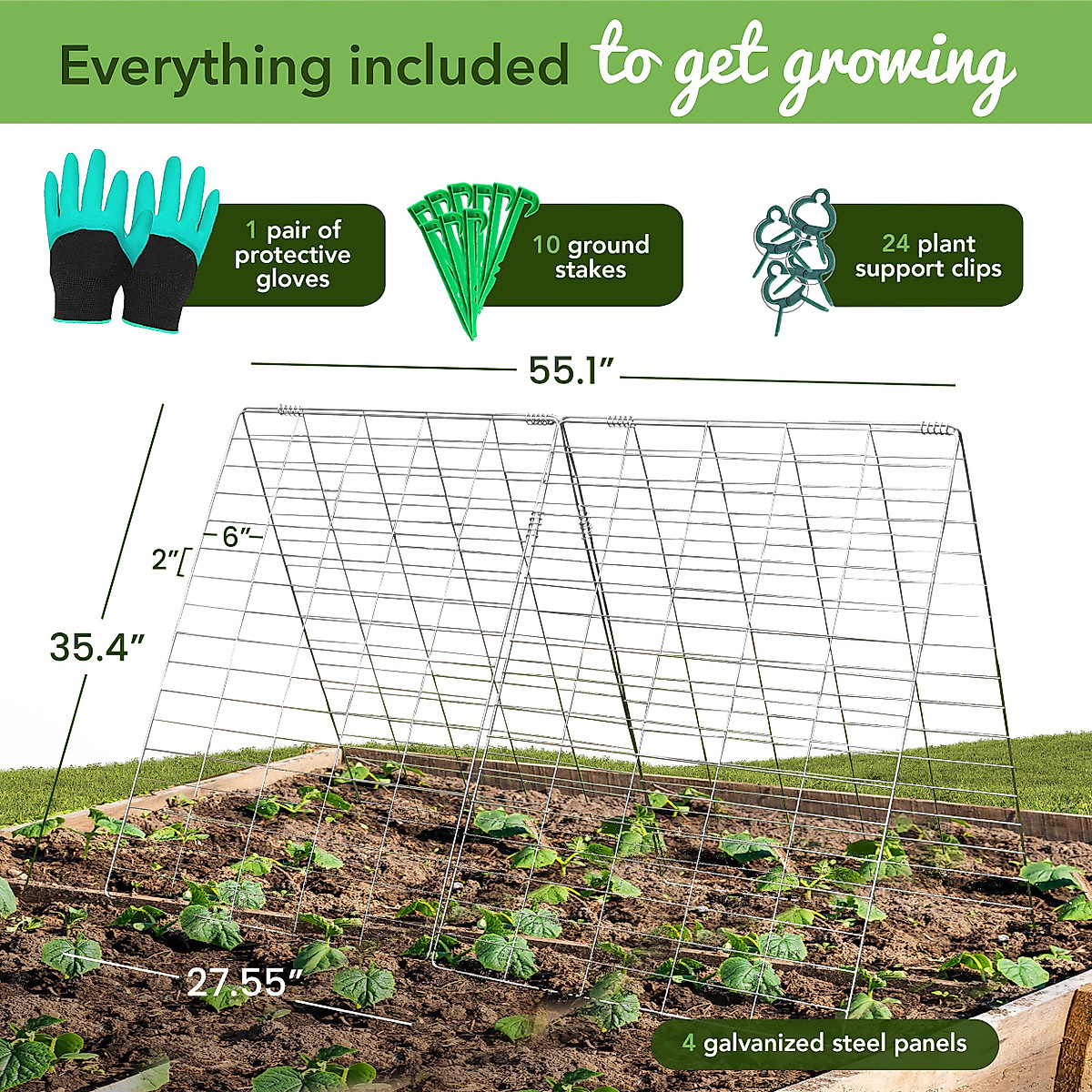 GOLETIO Cucumber Trellis for Raised Bed - 35" x 55" Garden Trellis for Climbing Plants Outdoor - A Frame Trellis for Climbing Vegetables with Plant Support Clips and Gloves
