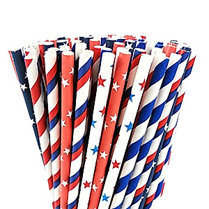 Cieovo 180 Pcs Independence Day Paper Straw - 4th of July Mixed Star Stripe Drinking Straw for Memorial Patriotic Day Party Celebration Supply