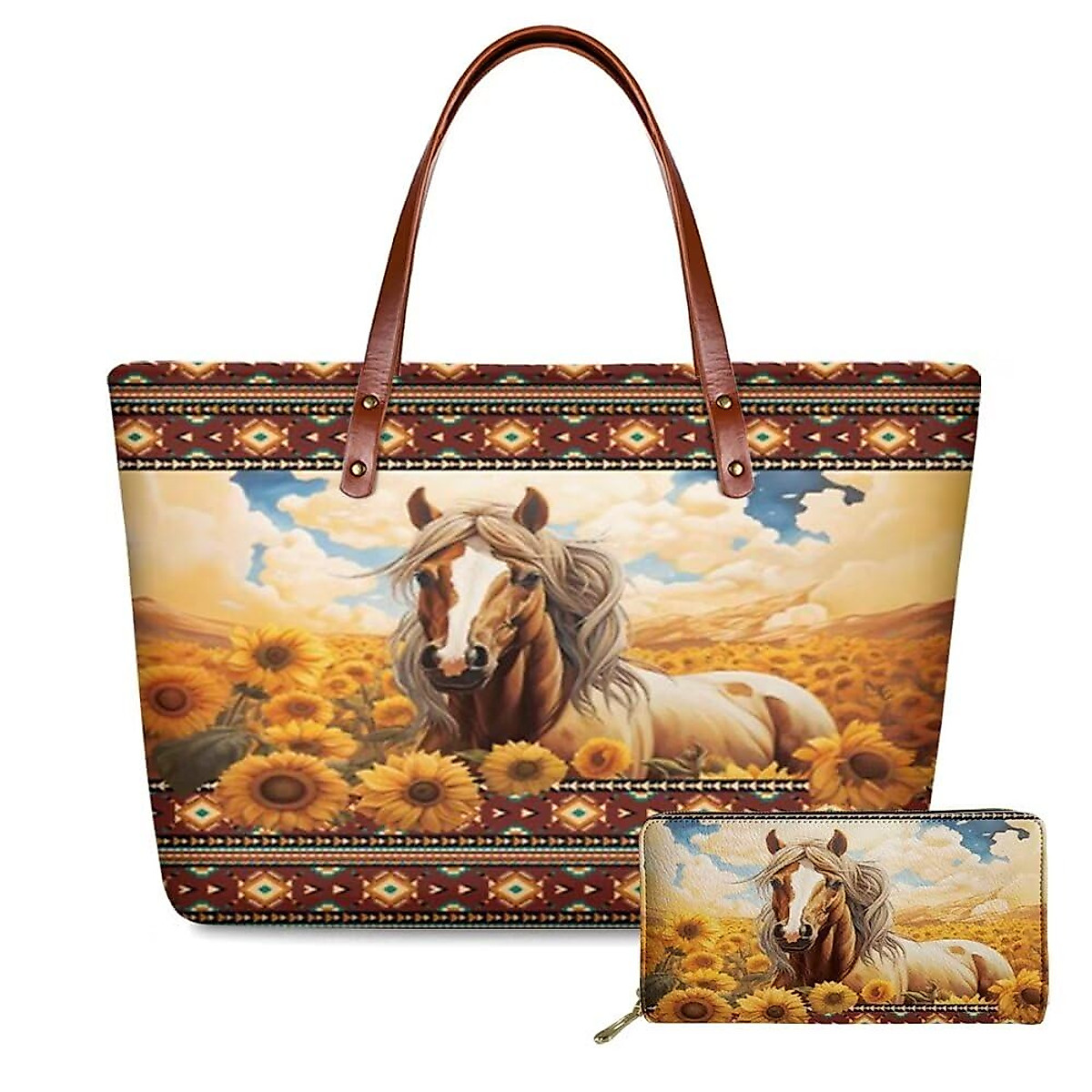 FKELYI Fashion Sunflower Handbags with Ladies Thin Wallet PU Leather Purse Set for Women Travel Beach Shoulder Totes