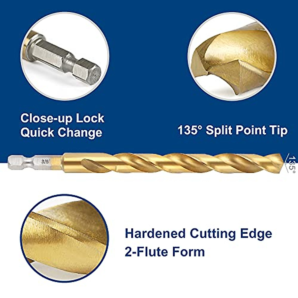 COMOWARE Titanium Twist Drill Bit Set - 13 Pcs Hex Shank High Speed Steel for Wood Plastic Aluminum Alloy, Quick Change, 1/16"-1/4"