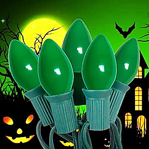25Ft Halloween String Lights, C7/E12 Vintage Lights with 27 Green Ceramic Bulbs(2 Spare) for Outdoor and Indoor Use, Fairy Garden, Yard, Home, Party, Holiday, Halloween Decorations