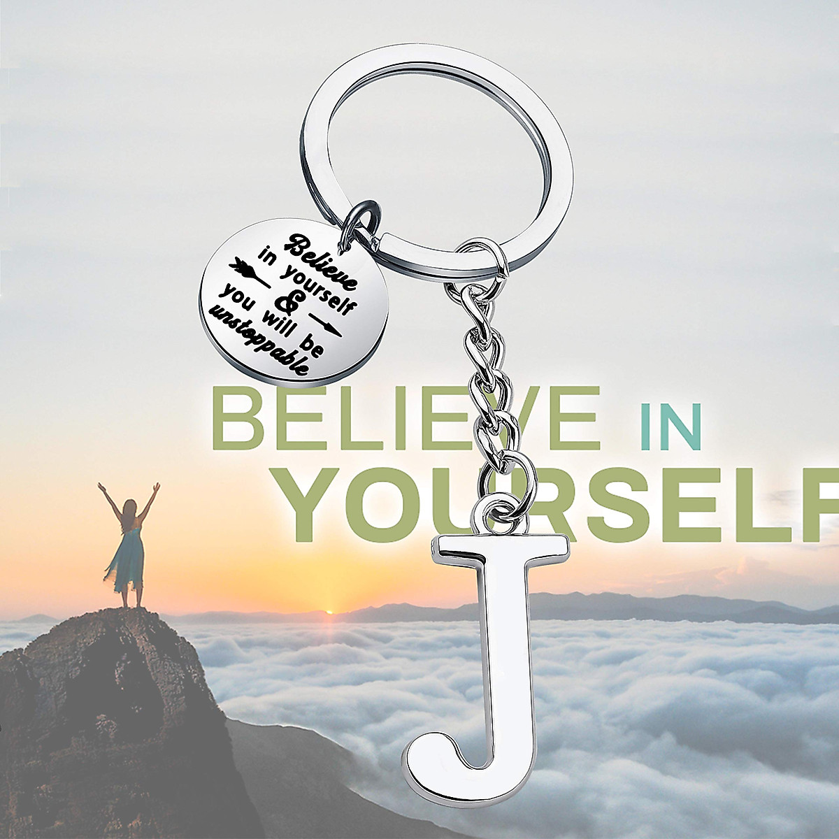 FUSTMW Initial Keychain Alphabet Initial Letter Key Ring Pendant Inspiration Gifts Believe in Yourself and You Will Unstoppable (Initial J)