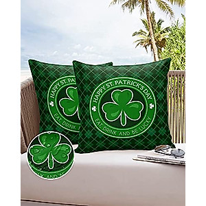 Outdoor Pillow Covers Waterproof, Round Green Lucky Clover Throw Pillowcase Decorative Cover, Saint Patrick Checker Backdrop Garden Cushion Case Set of 2 for Sofa, Couch, Tent, Patio 18"x18"