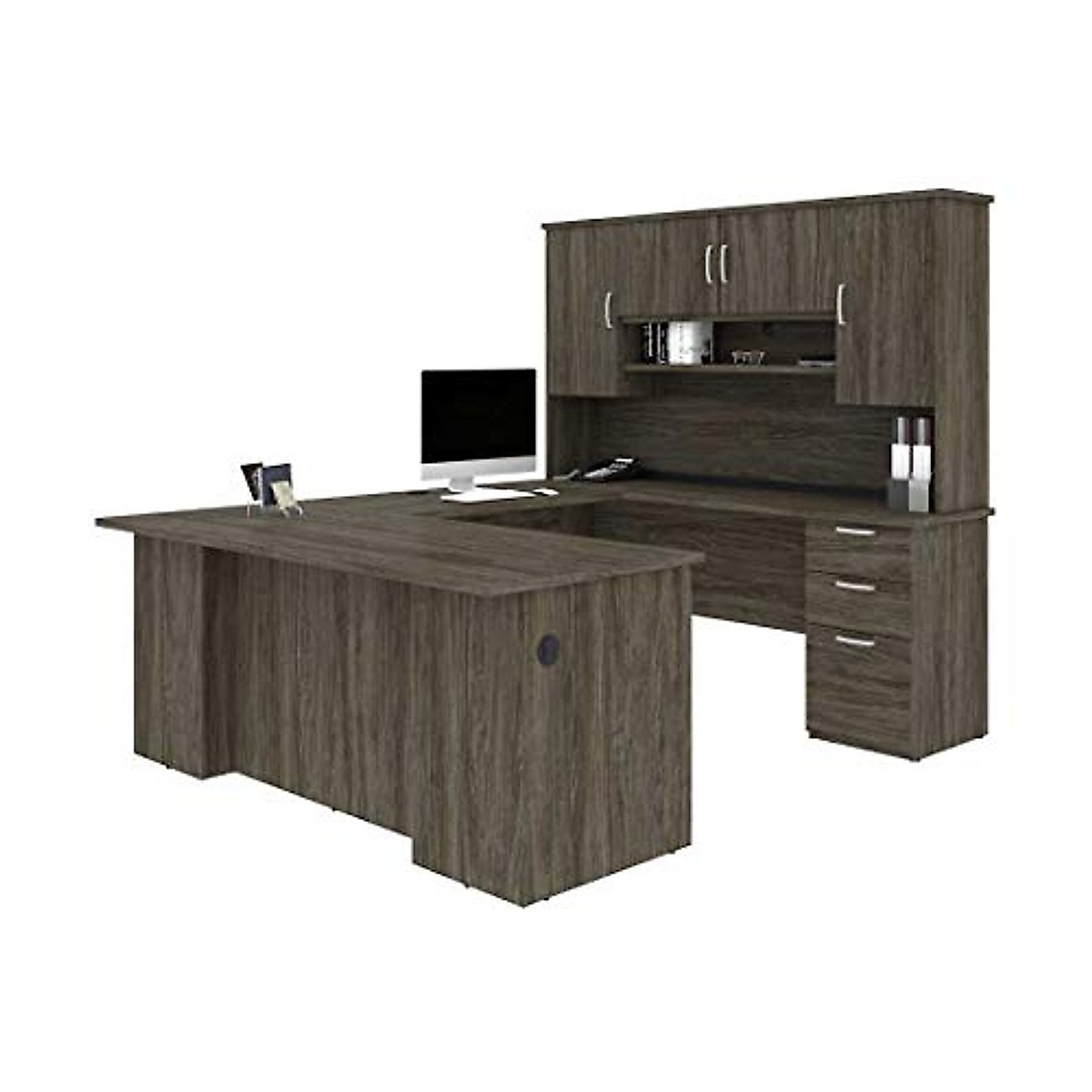 Bestar Murzim U or L-Shaped Executive Desk with Hutch, 71W, Walnut Grey