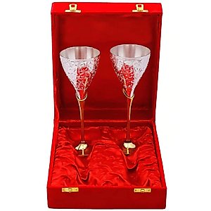 VIBRANIC Wine Glass Handmade Engraved Vintage Silver Plated Brass Champagne curved Fluted Wine Glass Pack of 2
