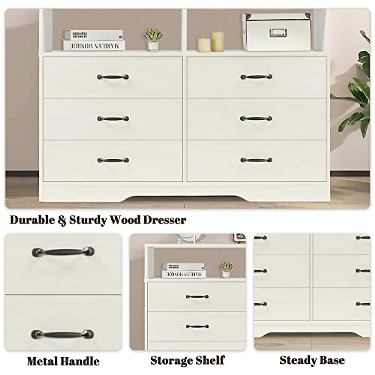 Catrimown White 6 Drawer Dresser for Bedroom Mid Century Modern Dresser Chest of Drawer for Bedroom White Dresser with Shelves Wood Wide Double Dresser for Bedroom Living Room, Wash White