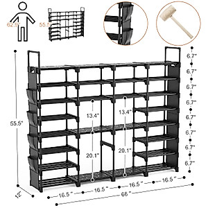 VTRIN Large Shoe Rack Organizer, tall metal rack Holds 62-66 Pairs, 8 Tiers Space Saving Shoe Shelf Storage with Side hanging pockets for Living Room Entryway Garage Black