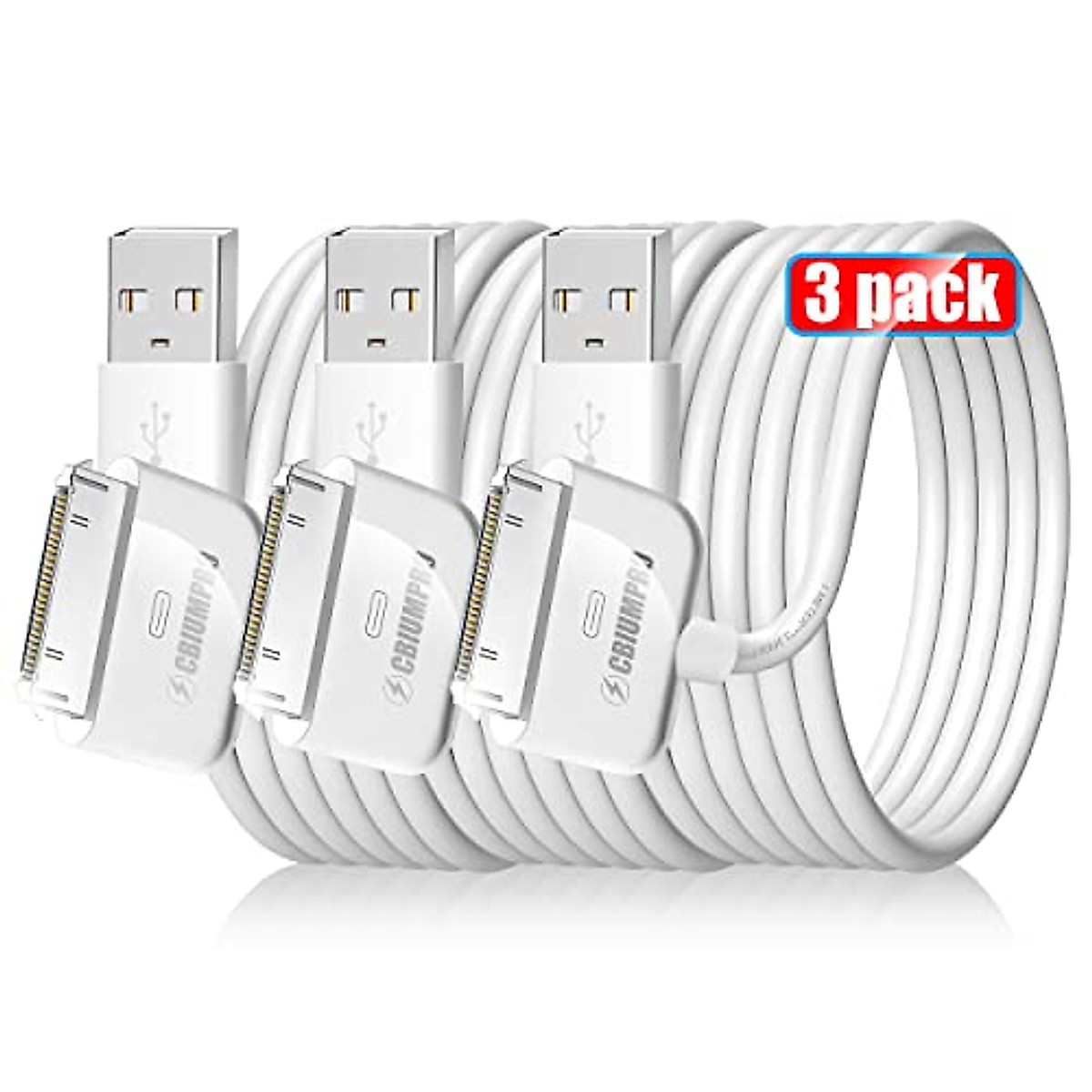 iPhone 4 Charger Cables (3 Pack 3.3 Ft) 30 Pin to USB Fast Charge & Sync Charging Cable Certified for Old Apple iPhone 4s / 4, 3G / 3GS, Old iPad 1/2/3, Old iPod Touch, Old iPod Nano