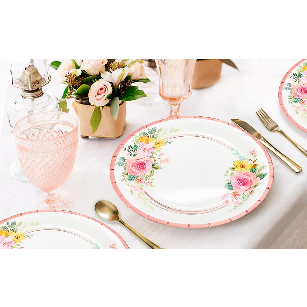 HOMIX Floral Paper Plates and Napkins Cups Sets Pink Flower Tea Party Supplies Disposable Dinnerware Sets Serves 24 for Bridal Shower, Birthdays