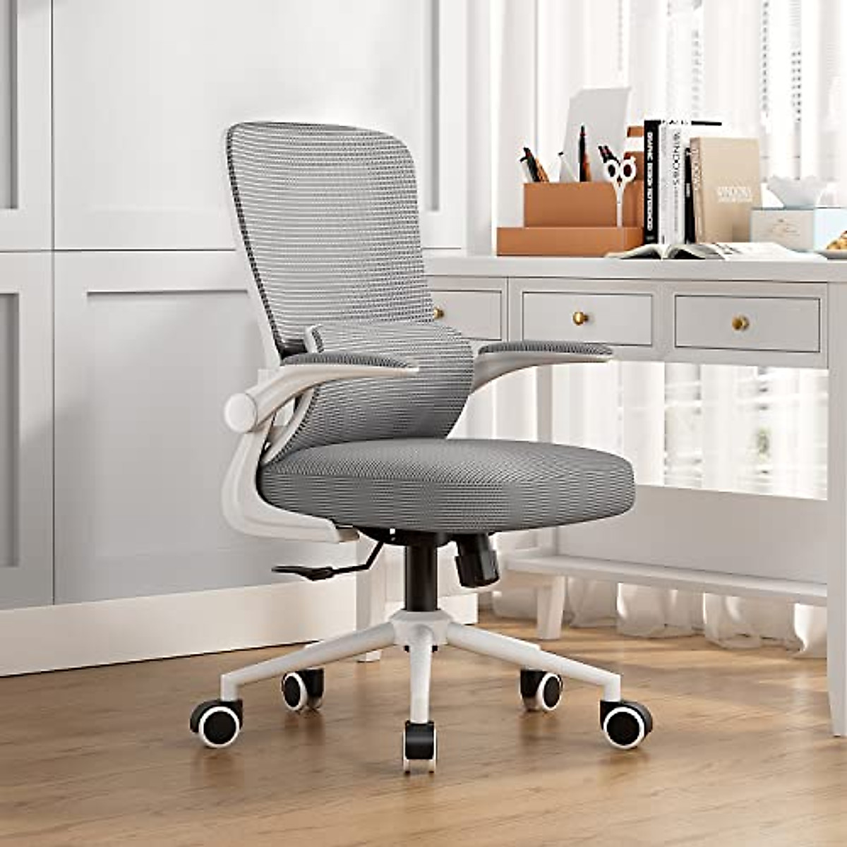 BRTHORY Office Chair Height-Adjustable Ergonomic Desk Chair with Self-Adjustable Lumbar Support, Breathable Mesh Computer Chair High Back Swivel Task Chair with Flip-up Armrests - Grey