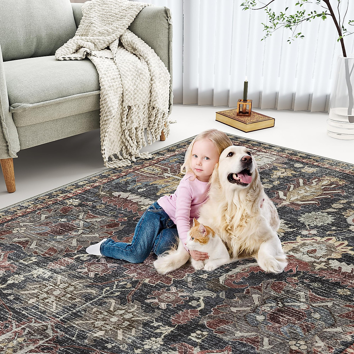 Smiry Boho Area Rug 4x6, Non Slip Vintage Rugs for Living Room, Faux Wool Fiber and Machine Washable for Bedroom Dining Room Kitchen Laundry Home Office, Rust