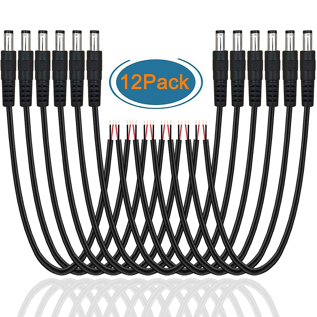 12 Pack DC Power Cable 12v DC Power Plug Cord Male Connectors 2.1mm x 5.5mm DC Pigtail Adapter Barrel Jack Socket Wire for CCTV Security Camera,DVR,Car Rearview Monitor System Video,LED Strip Light