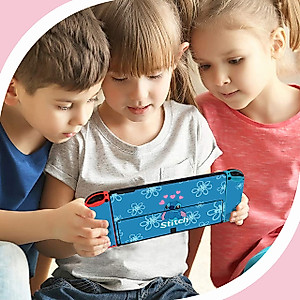 oqpa for Nintendo Switch OLED 2021 Skins Stickers for Girls Boys Kids Cute Kawaii Cartoon Character Fun Decals with Tempered Glass Screen Protector for Nintendo Switch OLED(Blue Heart Stitc)