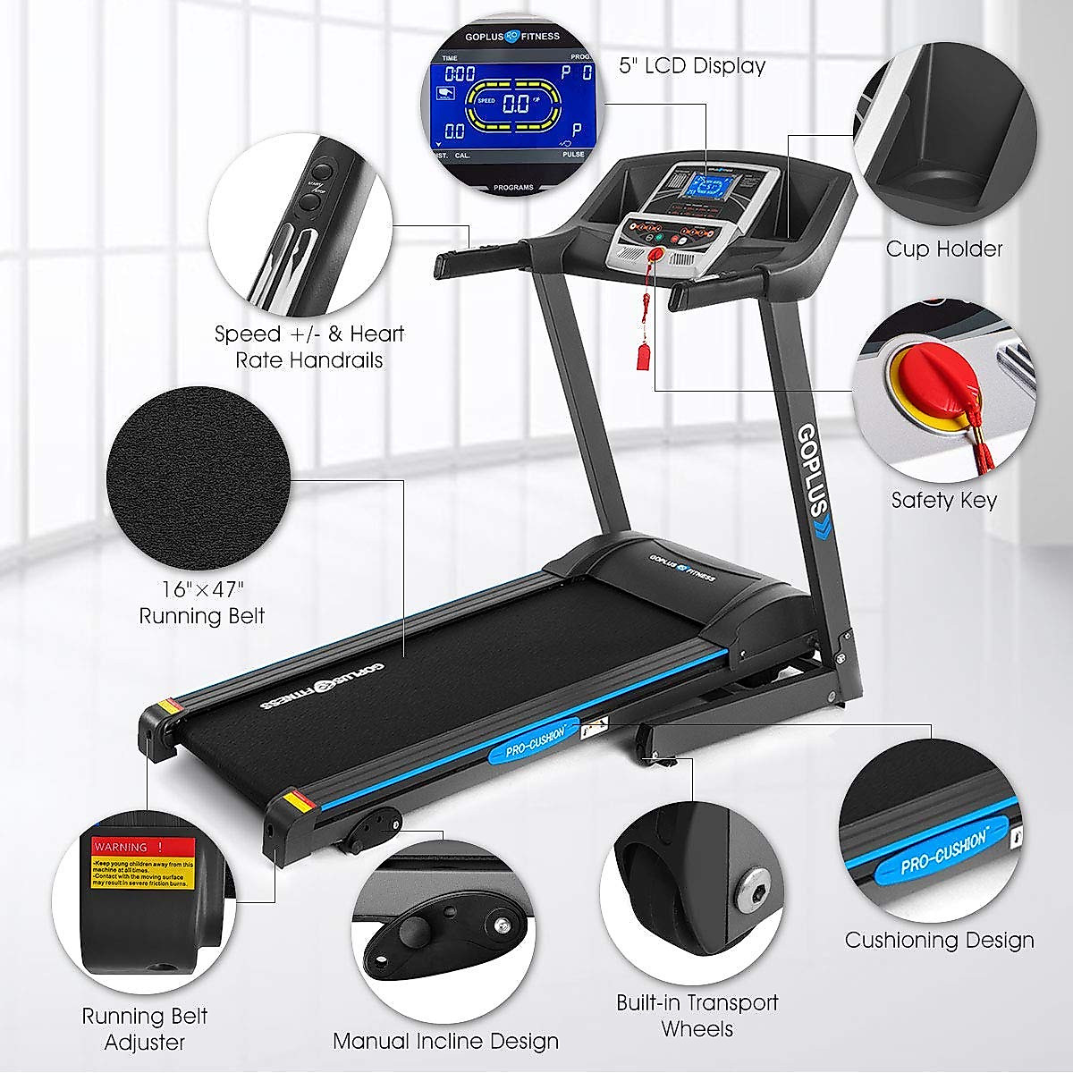 Goplus 2.25HP Electric Folding Treadmill with Incline, Walking Running Jogging Fitness Machine with Blue Backlit LCD Display for Home & Gym Cardio Fitness