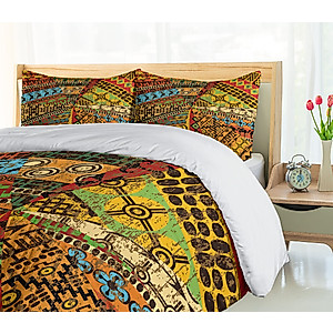 Ambesonne African Duvet Cover Set, Grunge Collage Motifs Traditional Art Ornate Geometric, Decorative 3 Piece Bedding Set with 2 Pillow Shams, Queen Size, Yellow Orange