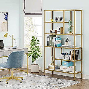 Tribesigns 6-Tier Tall Bookshelf Bookcase, Modern White and Gold Open Bookcase Storage Display Book Shelves for Living Room, Home Office