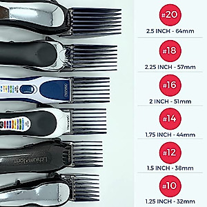 Clipquik Premium XL Clipper Guards, Strong & Sturdy 2.5 inch, 2.25", 2", 1.75", 1.5", 1.25" (#20, #18, #16, #14, #12, #10) Extra Long, Large Guide Comb Set Fits Most Wahl Full Size Hair Clippers