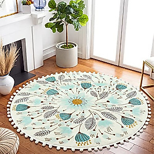 Uphome Round Rug for Bedroom 4' Circle Cute Area Rug with Pom Poms Fringe Floral Plant Washable Throw Rugs Non-Slip Soft Floor Mats for Entryway Laundry Living Room Kids Room Nursery