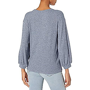 Daily Ritual Women's Cozy Knit Rib Blouson-Sleeve Sweatshirt, Blue Marl, Medium