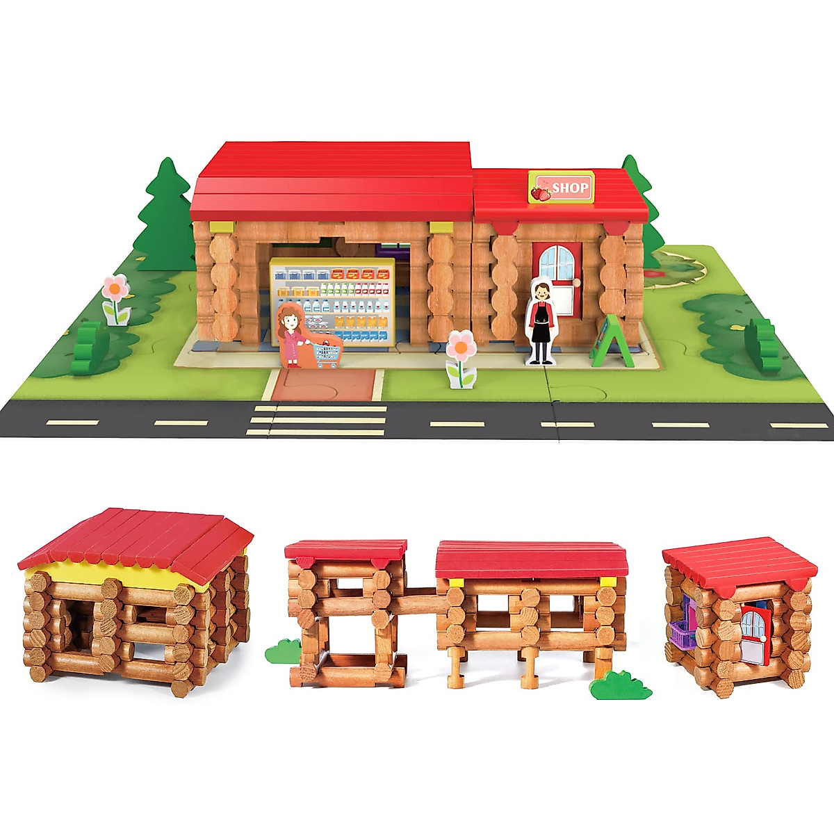 Wondertoys 239 Pieces Real Wood Logs Set Ages 3+, Classic Building Log Gift Set for Boys/Girls– Creative Construction Engineering - Top Blocks Game Kit - Preschool Education Toy
