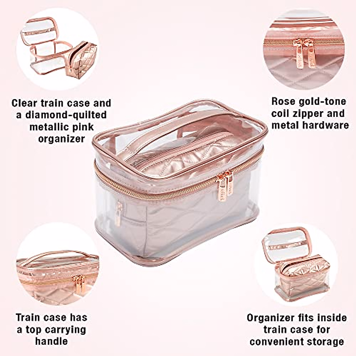 Conair Travel Makeup Bag, Large Toiletry and Cosmetic Bag, Perfect Size for Use At Home or Travel, Two Piece Train Case Set in Rose Pink Metallic Quilt