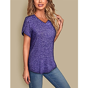 MISS FORTUNE Womens Short Sleeve Shirts Plus Size Yoga Running Workout Tulip Sleeve Quick Drying Athletic Top Purple 3XL