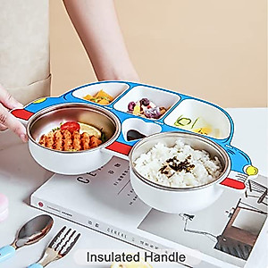 Divided Plate and Bowl Set,BPA Free Meal Snack Plate,Dinnerware Eating Supplies Kitchen Utensils,6 Pieces with Spoon Fork and Lid,Car-shaped by lrrjhtac, Blue