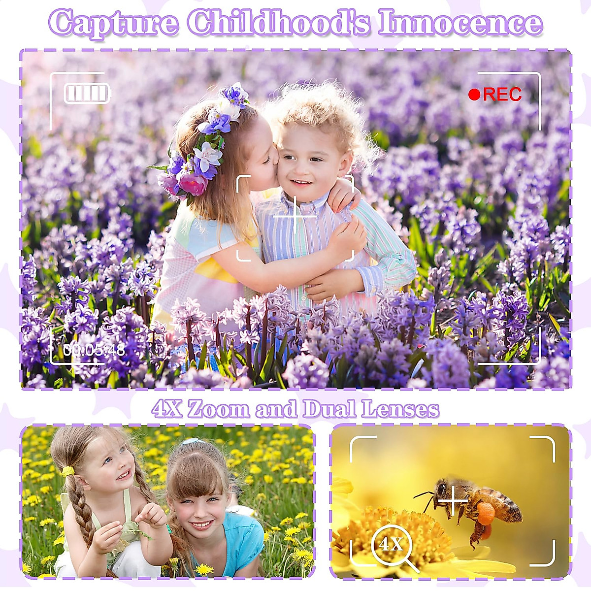 Anesky Kids Camera, Best Birthday for Girls/Boys Ages 3 4 5 6 7 8 9 10 11 12, Kids Digital Camera for Toddler with Video, Toy Camera for 3-12-Year-Olds Kids with 32GB Card - Purple