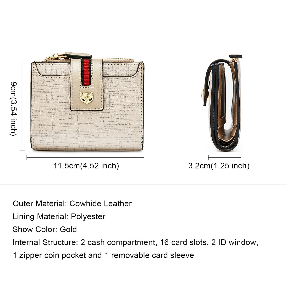 FOXLOVER Small Wallets for Women, Cowhide Leather Ladies Cute Zipper Purses Wallet with ID Window Credit Card Holders Gift Box Packing Womens Small Bifold Wallets (Gold)