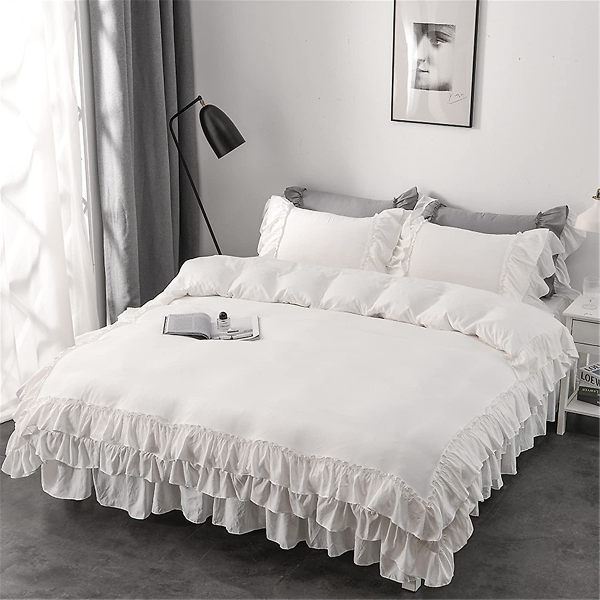 Soukach/SOUKECHY White Shabby Chic 3 Pieces Bedding,Vintage Ruffled Queen Duvet Cover Set with 2 Layers Ruffles,Soft Brushed Microfiber Set with Zipper Closure(Queen, White)