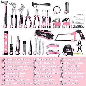 REXBETI 219-Piece Pink Tool Set, Ladies Hand Tool Set with 16 inch Tool Bag, Women Home Repairing Tool Kit, Large Mouth Opening Tool Bag with 19 Pockets, Perfect for Home Maintenance and Daily Use