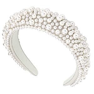 Hapdoo White Pearl Headbands for Women Girls, Cute Puffy Padded Headband with Faux Pearl for Wedding Bride Fashion, Wide Thick Beaded Bling Hairbands Hair Hoop Accessories for Birthday