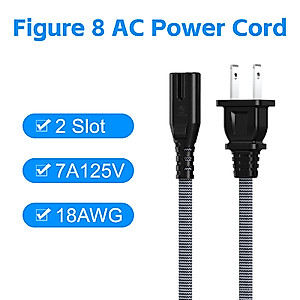 AC Power Cord 30FT(1 Pack), 2 Prong TV Power Cord, Nylon Braid Cable Replacement for Xbox One S, Xbox One X, Xbox Series X, PS3, PS4, PS5, Compatible for Printer, Monitor, Sound Bar, Game Console