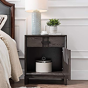Leick Home 9075 Assembled Recessed Drawer and Bottom Door Nightstand Side Table with AC/USB Charger, Gray