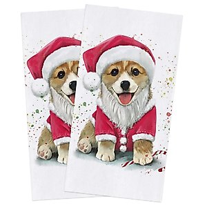 LEOKOTI Corgi with Christmas Decor Kitchen Towels, Absorbent Dish Cloths Hand Towels for Bathroom, Cute Puppy Colorful Ink Backdrop Decorative Dish Towels Tea Towels Bar Towels 18"x28", 2 Pack