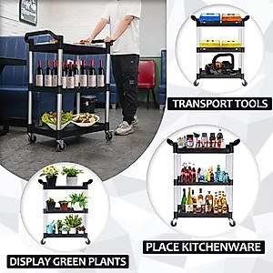 PELOEMNS Plastic Utility Carts with Wheels, Heavy Duty 480lbs Capacity Rolling Service Cart, 3-Tier Restaurant Food Cart with Hammer for Office, Warehouse, Garage (Lockable Wheels, Black)