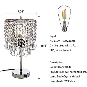 Popity home Crystal Table Lamp with Touch Control,Silver Lamp with Dual USB Charging Ports, 3 Way Dimmable Small Glam Lamp for Girls Bedroom, Living Room…