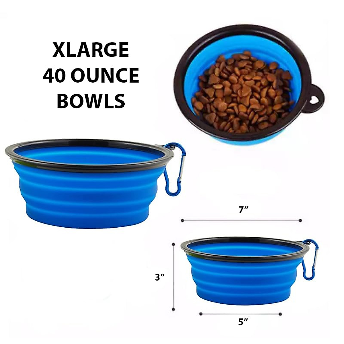 XL Collapsible Dog Food and Water Bowls with Bone-Shaped Waste Bag Holder, Includes 300 Biodegradable Bags - Set of Two 40 Oz Pet Feeding, Watering Bowls for Traveling, Camping, Hiking, and Kennel