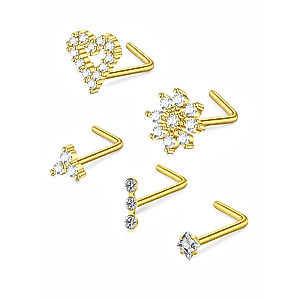 QWALIT Nose Studs 20g Nose Stud Diamond Nose Rings Stud for Women Surgical Steel Nose Piercing Stud Cute Nose Studs L Shaped Flower Heart Stud Nose Ring Gold