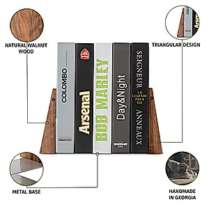 TILISMA Book Ends for Shelves - Handmade Wooden Bookends with Metal Base, Walnut Tree - Sturdy Book Holders for Heavy Books - Fancy Modern Decorative Book Accessories to Hold Books Firmly on Bookshelf