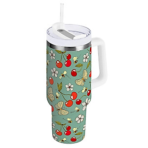 ZZXXB Bee Cherry Insulated Stainless Steel Water Bottle with Handle and Straw Lid Double Walled Travel Mug 40 oz