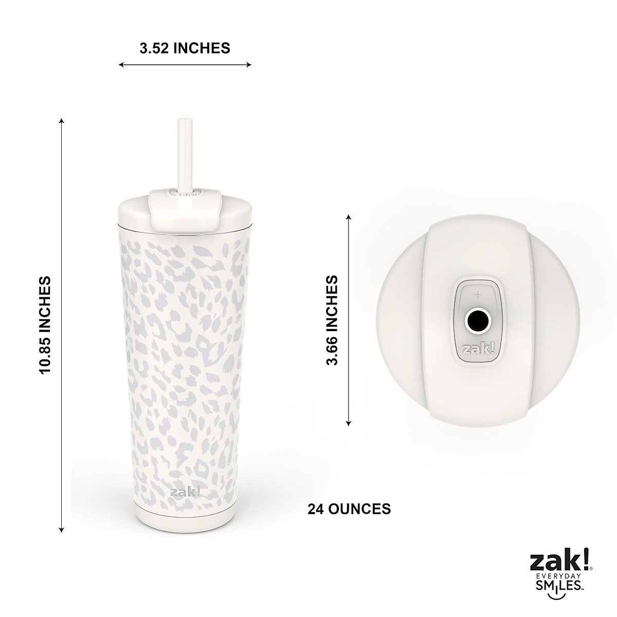 Zak Designs Beacon Straw Tumbler for Travel or At Home, 24oz Stainless Steel with Vacuum Insulated and Non-Skid Base (Linen Leopard)