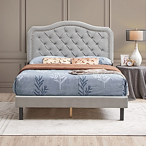 Prohon Queen Platform Bed with Tufted Trim Headboard, Upholstered Bed Frame Curved Bedframes for Kids, Teen & Adults, No Box Spring Needed, 83.8"L x 69.29"W x 42.5"H, Grey