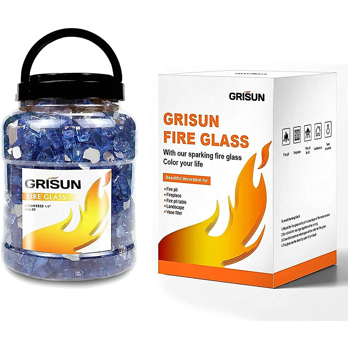 Grisun Cobalt Blue Fire Glass for Fire Pit - 1/2 Inch 10 Pounds and Rectangle Fire Pit Glass Wind Guard - 41.5 x 11.5 x 6 inch