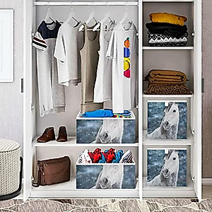 RunningBear White Horse Storage Basket Storage Bin Square Collapsible Storage Cubes Cloth Baskets Containers Organizer for Rooms Playroom Shelves