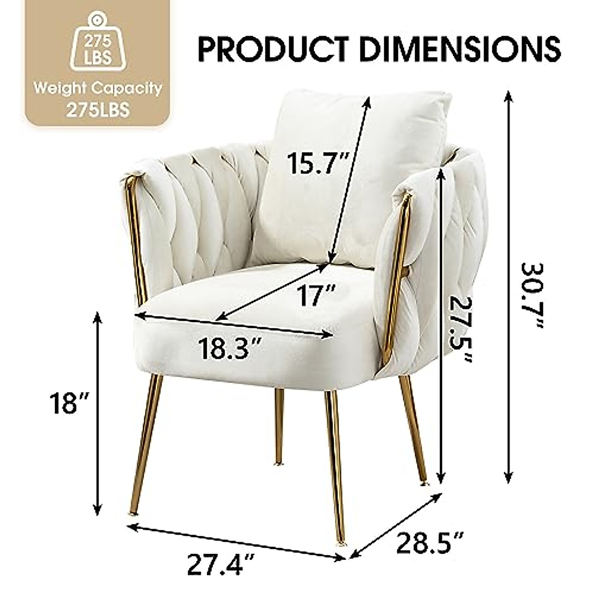 NIOIIKIT Modern Velvet Accent Chair, Hand Weaving Upholstered Armchair with Throw Pillow, Leisure Single Reading Sofa Chair with Gold Metal Legs for Living Room, Bedroom, Office (Beige)