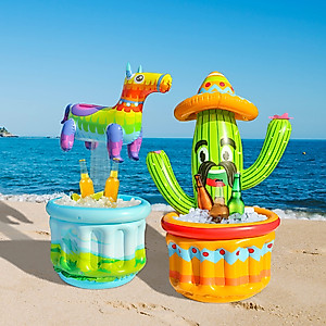 PARENTSWELL 2 Pack Inflatable Cactus Cooler, 47.5'' Blow Up Pool Party Drink Cooler Ice Bucket with Sombrero Hat, Mexican Fiesta Party Decorations Supplies for Cinco De Mayo Party Decor
