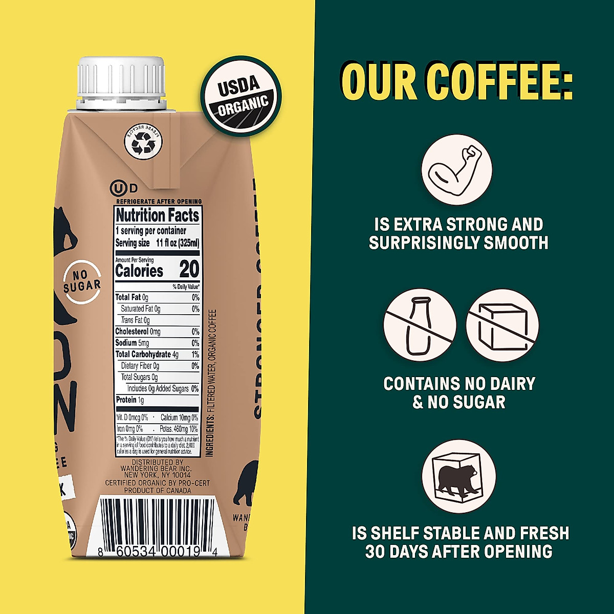 Wandering Bear Organic Straight Black Cold Brew Coffee On-the-Go, Iced Coffee, 11 fl oz, 1 pack - Extra Strong, Smooth, Organic, Unsweetened, Shelf-Stable, Ready to Drink, Cold Coffee, Cold Brewed Coffee