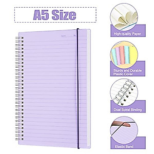 EOOUT 5 Pack Lined Spiral Notebook, 5.7" x 8.3" Journal for Women, Thick Plastic Cover, 160 Pages, 100gsm, Back to School, Office, Artist Writing/Drawing (Candy Colors)