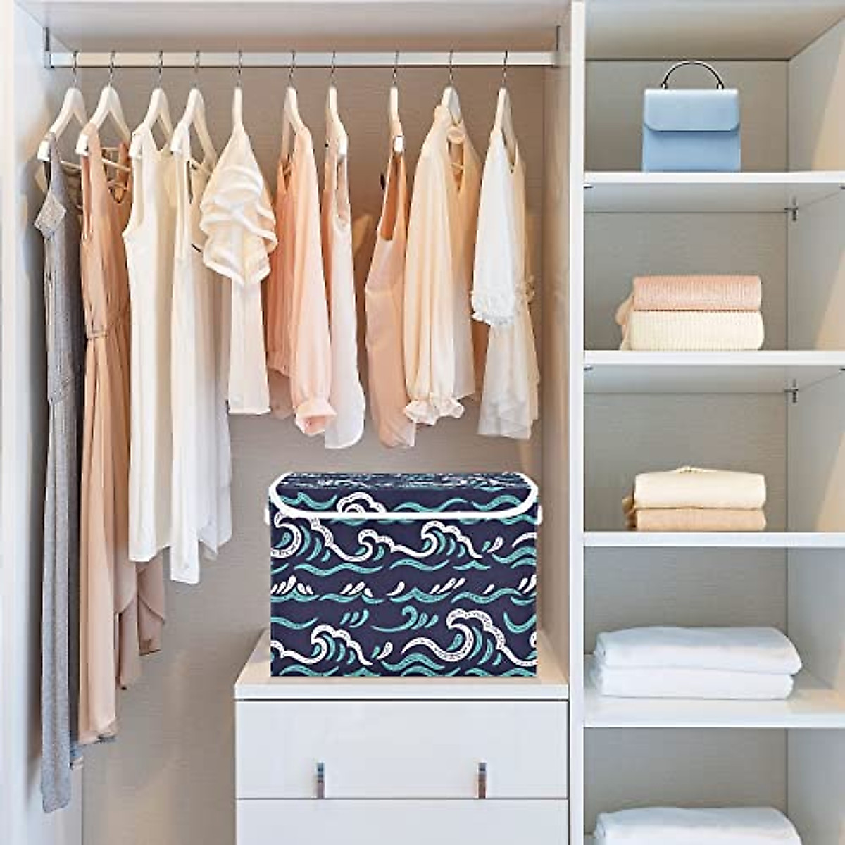 CaTaKu Sea Waves Dark Blue Storage Bins with Lids Fabric Large Storage Container Cube Basket with Handle Decorative Storage Boxes for Organizing Clothes Shelves